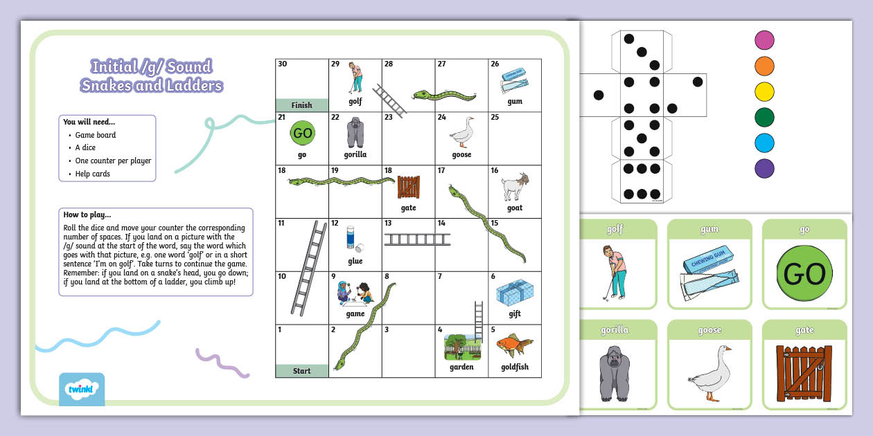 Initial /g/ Sound Snakes and Ladders (teacher made) - Twinkl