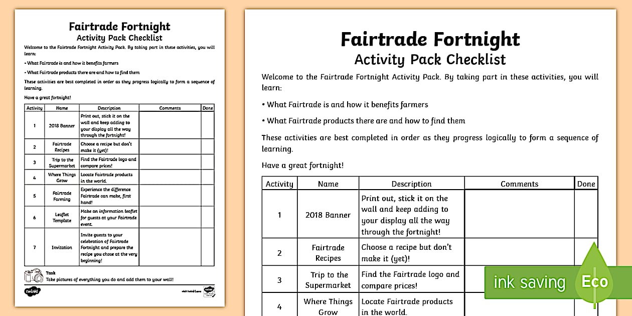 Fairtrade Fortnight Activity Pack Checklist (teacher made)