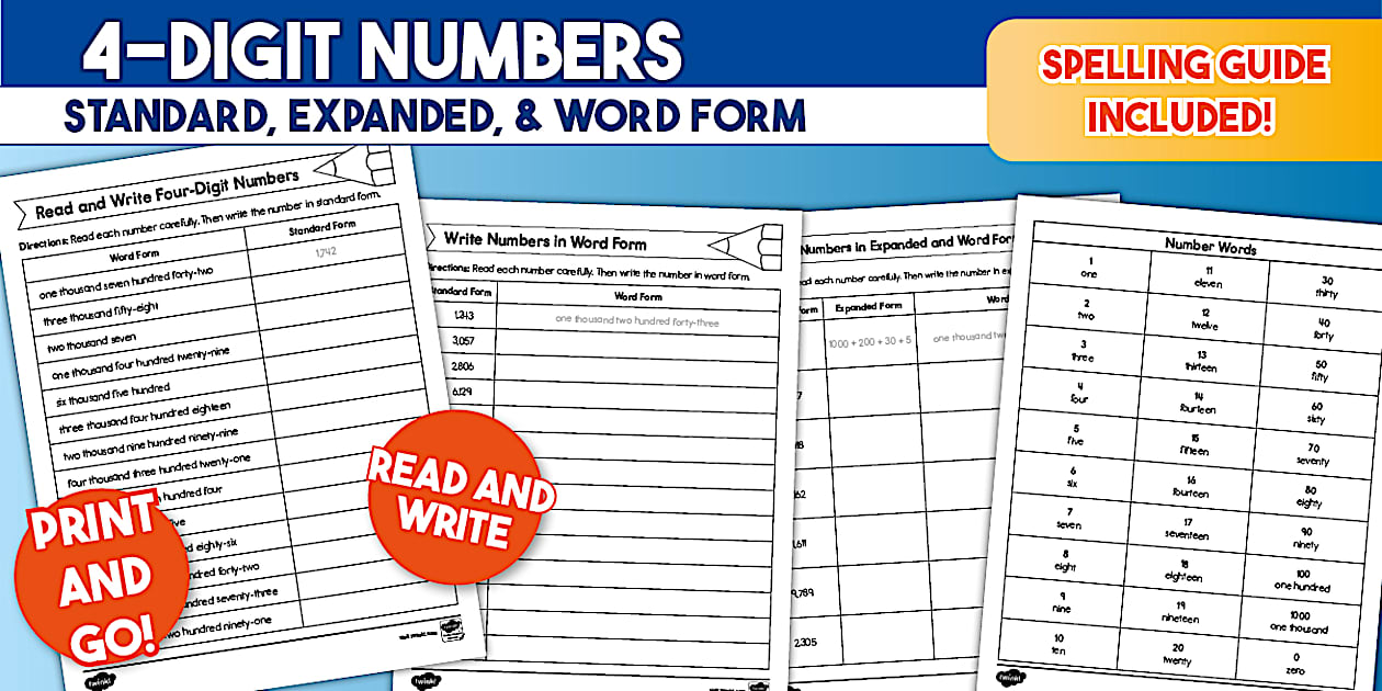 Read and Write Four-Digit Numbers Worksheets for 3rd-4th Grade