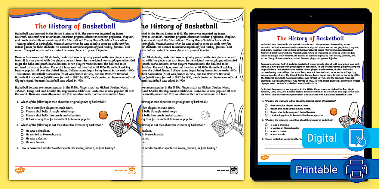 Sixth Grade The History of Basketball Reading Passage Comprehension ...
