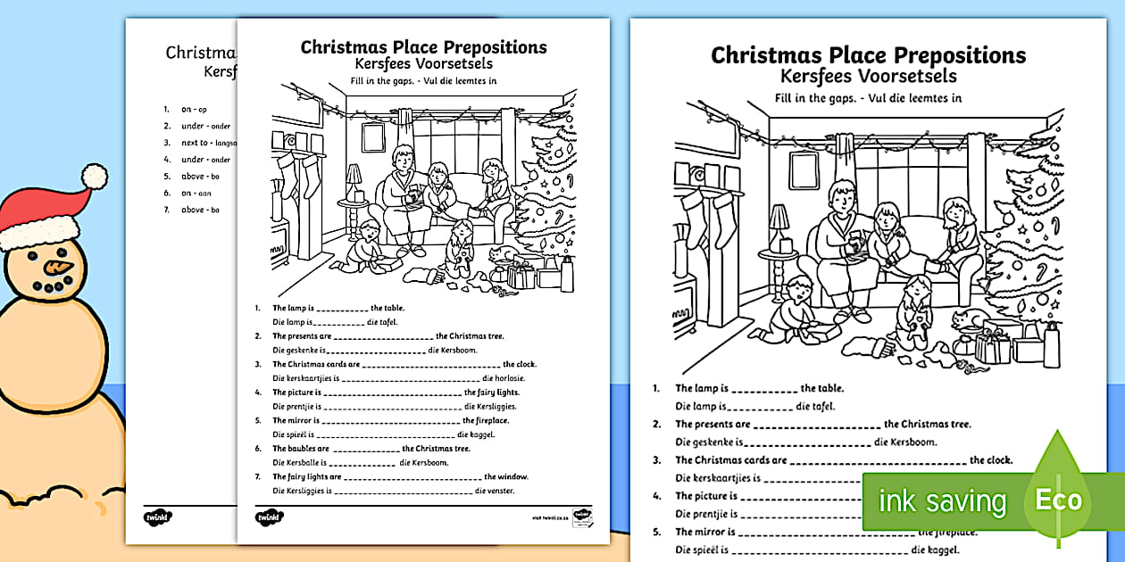 Christmas Place Prepositions Fill in the Gaps Worksheet / Worksheet