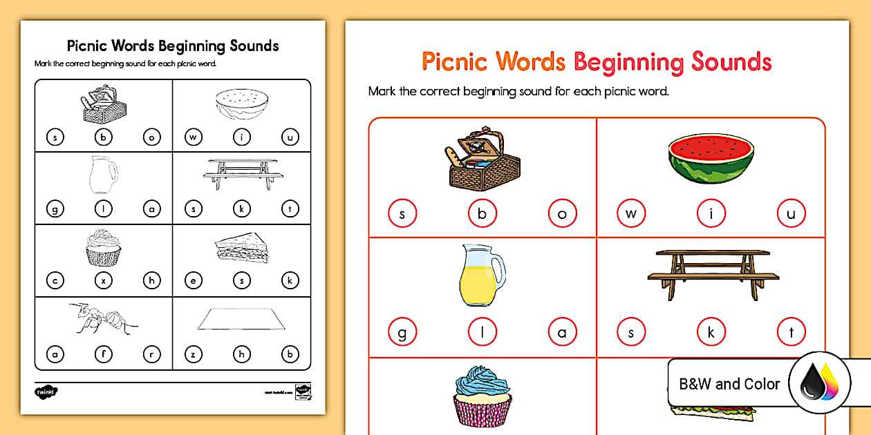 Picnic Words Beginning Sounds Worksheet for PreK-K - Twinkl