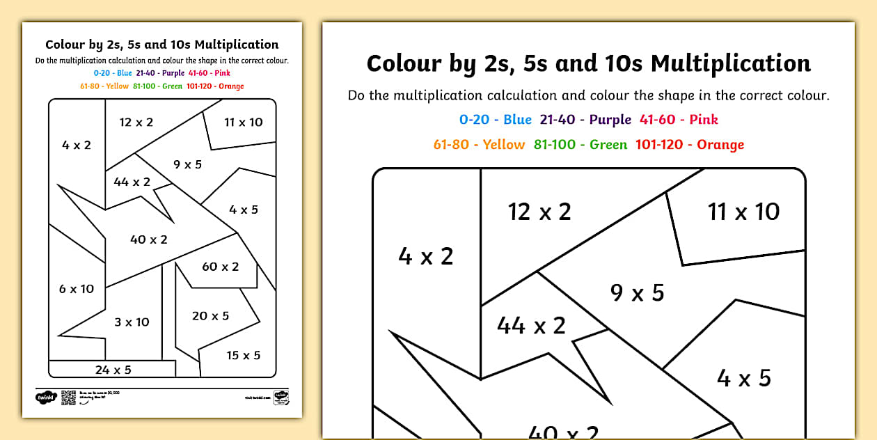 Mixed Colour by 2s, 5s and 10s Multiplication Worksheet / Worksheet
