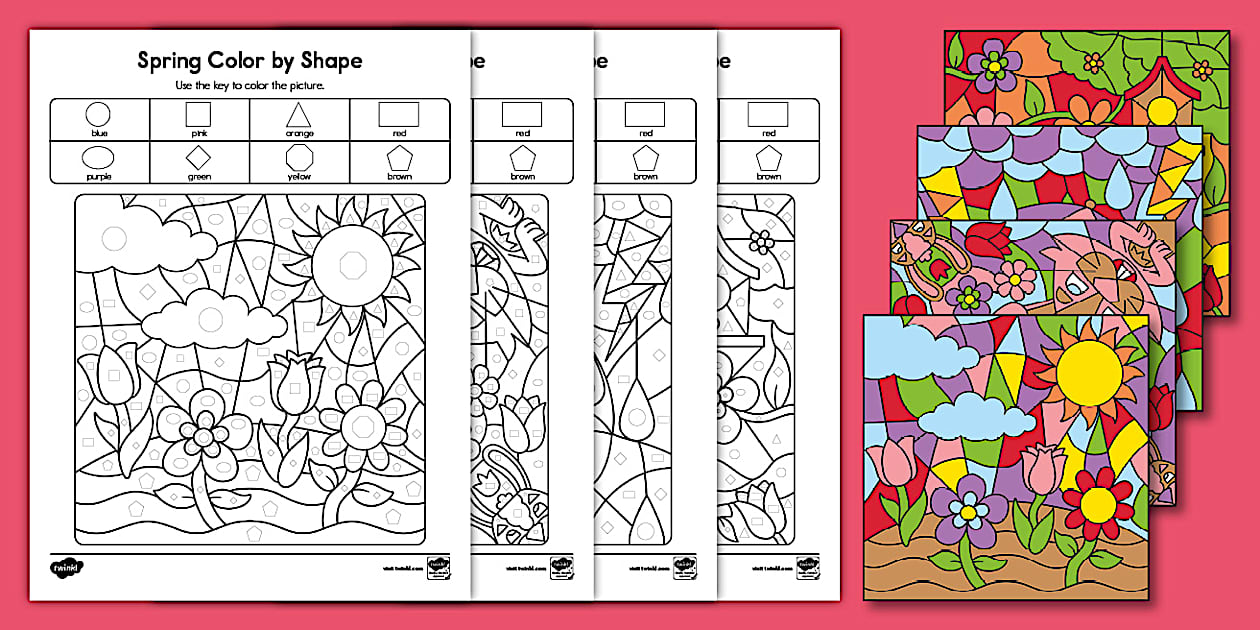 Kindergarten Spring Color by Shape Worksheet - Twinkl
