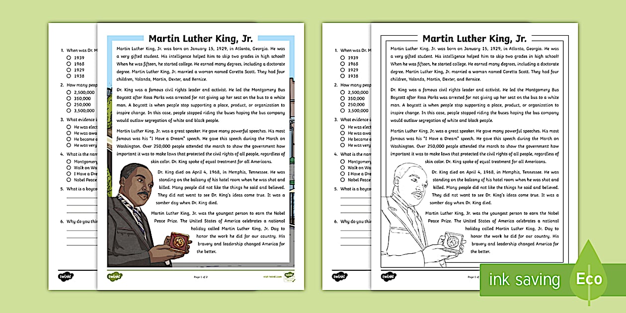 Editable Fourth Grade Martin Luther King, Jr. Reading Comprehension ...