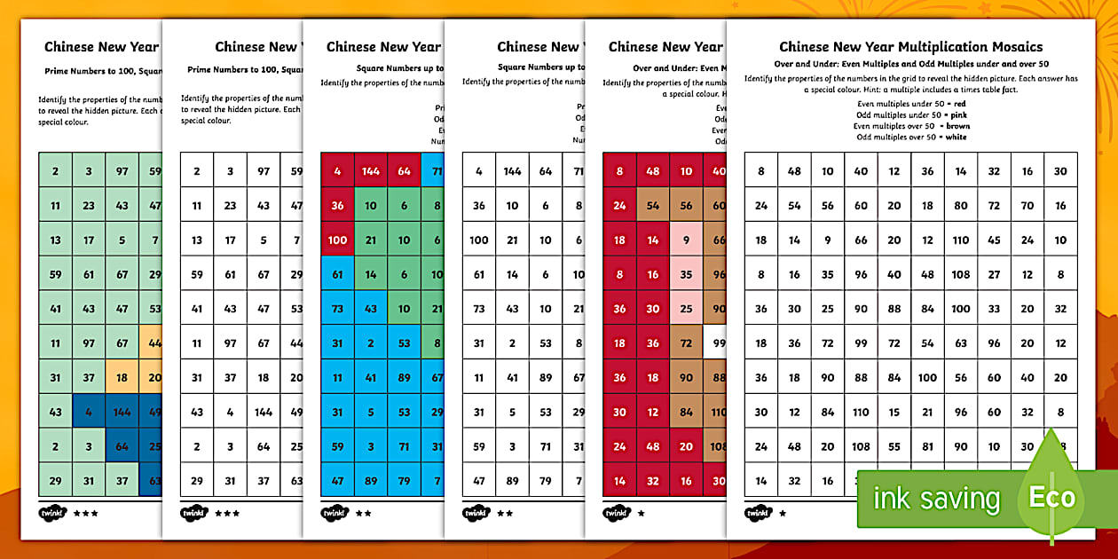 UKS2 Chinese New Year Multiplication Mosaic Differentiated Worksheet
