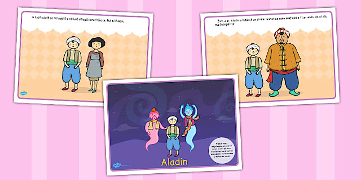 Aladin, lectura, rezumat cu imagini, planse imprimabile, Romanian