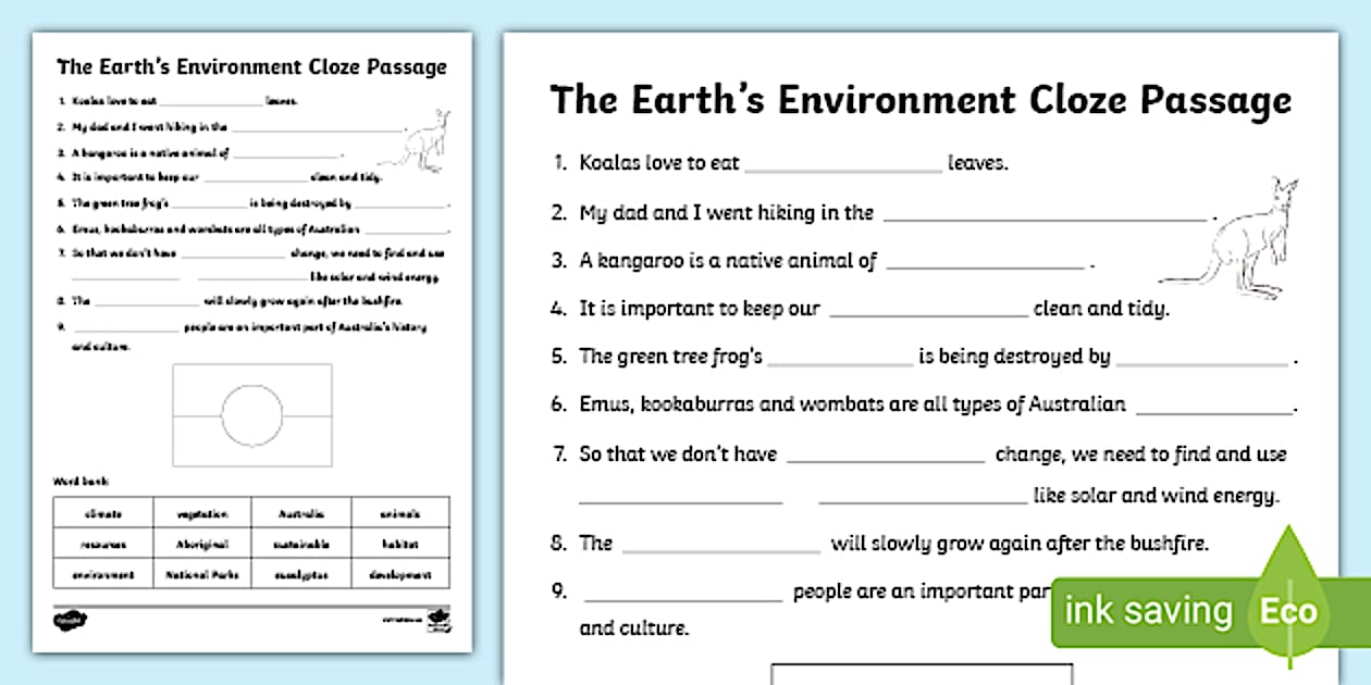 The Earth's Environment - Cloze Passage Worksheet / Worksheet