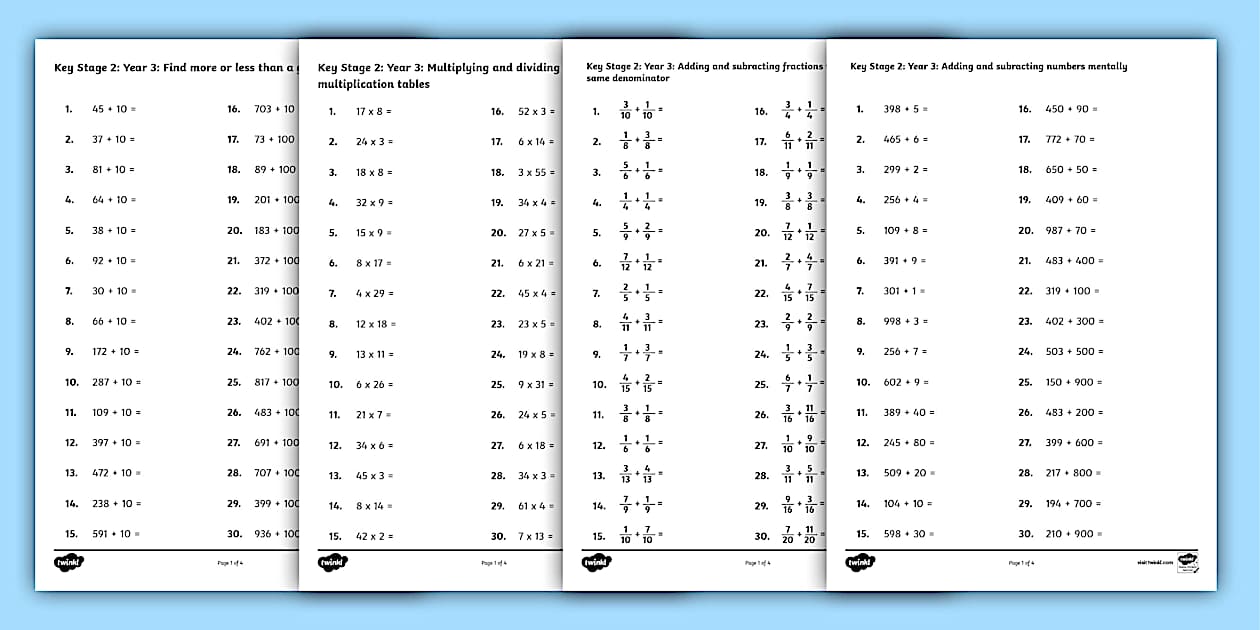 Key Stage 2 Arithmetic Test Year 3 Content Practice Questions