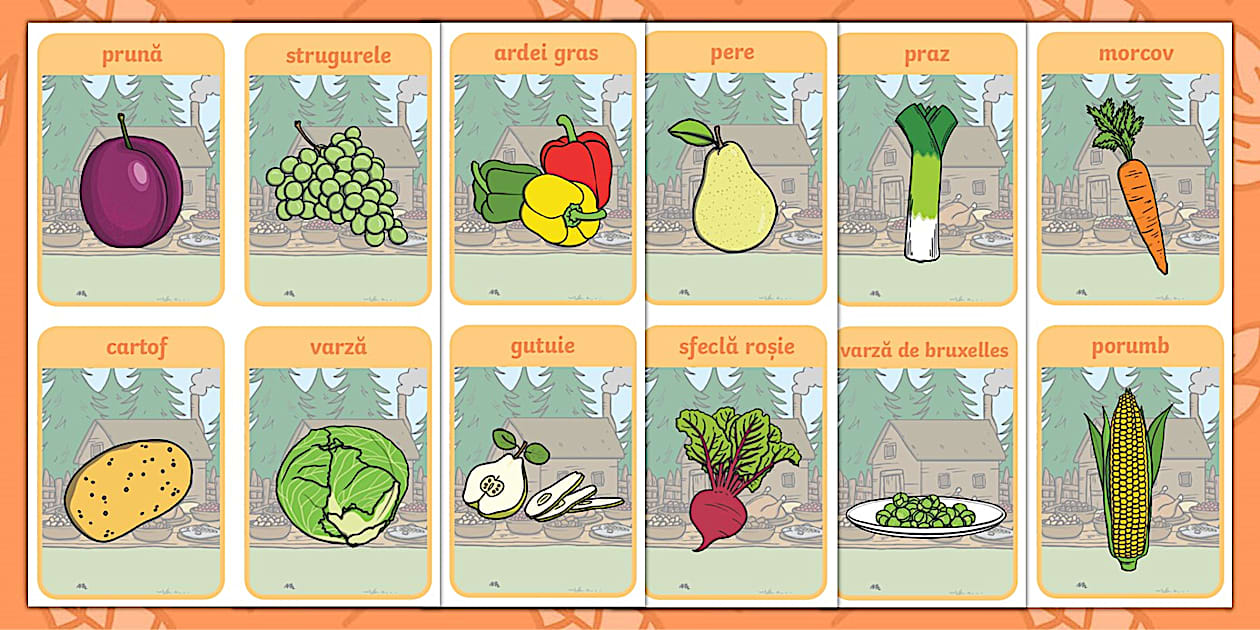 Fructe și legume de toamnă – Cartonașe cu vocabular