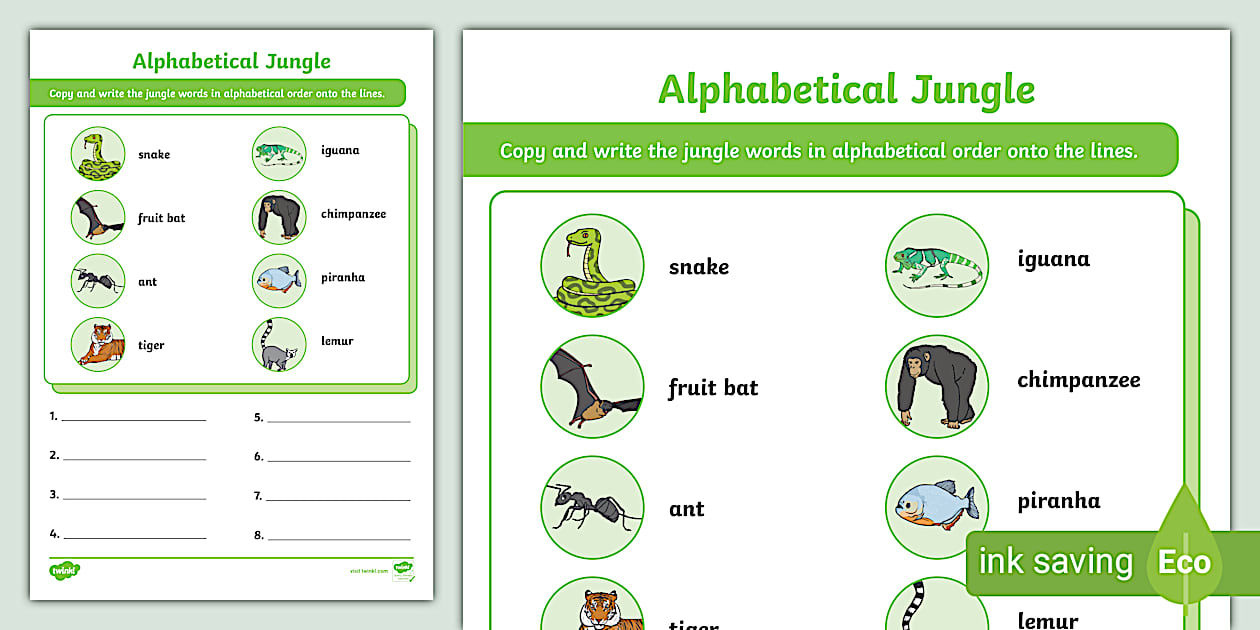 Cursive Jungle Themed Alphabet Ordering Worksheet - Twinkl
