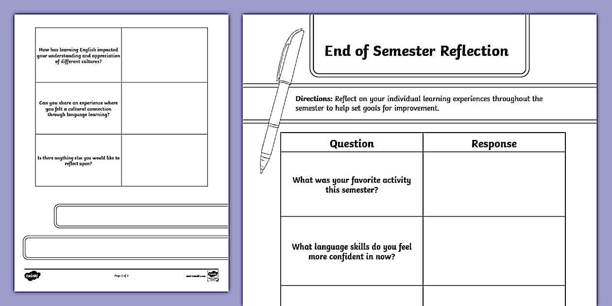 End of Semester Reflection Activity Worksheet for ELL