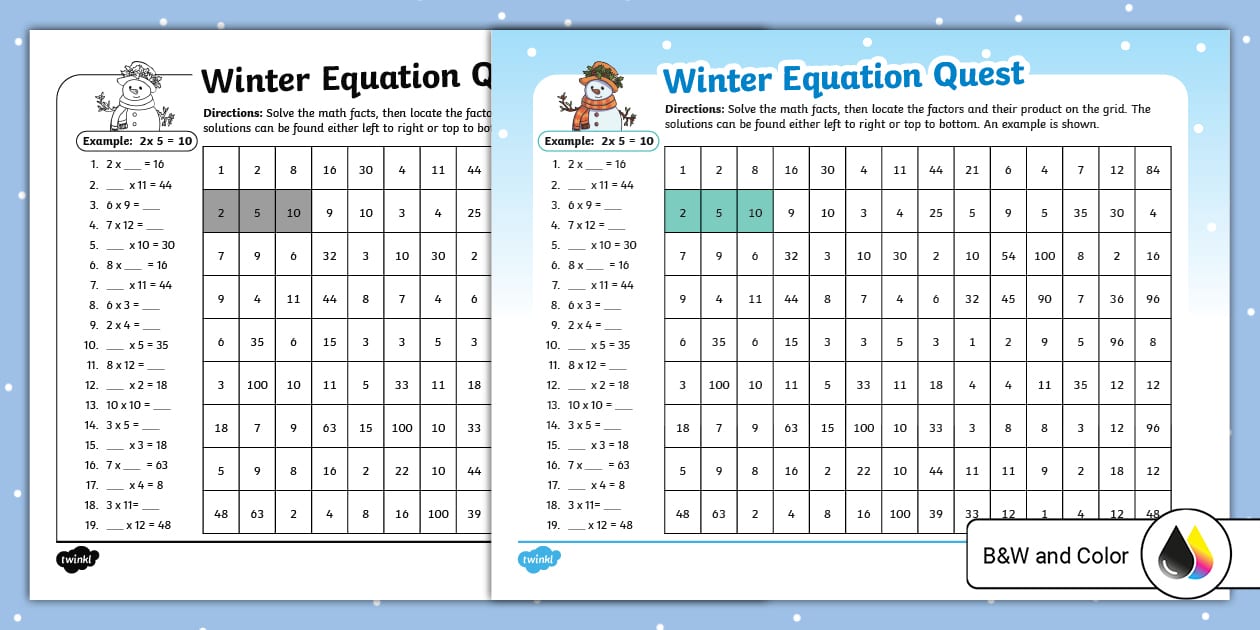 Winter Multiplication Equation Quest Grid Search Activity for 3rd-5th Grade