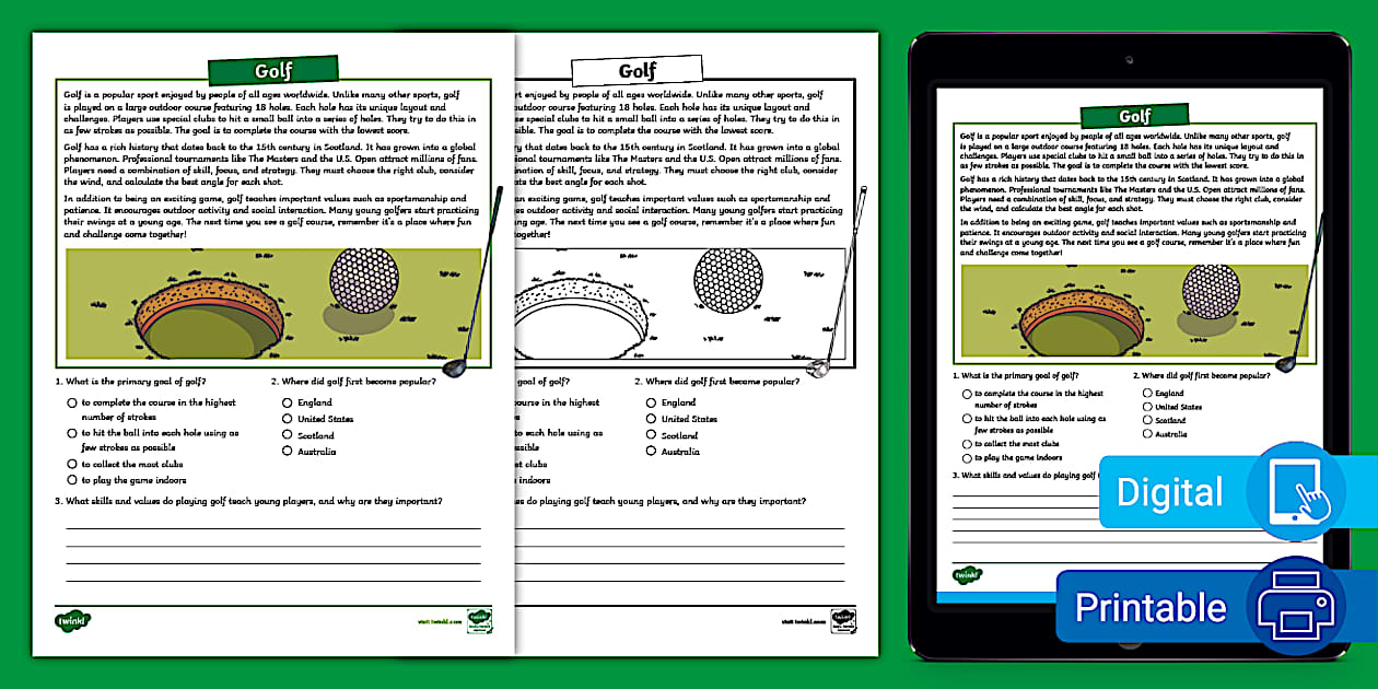 Fifth Grade Golf Reading Passage Comprehension Activity