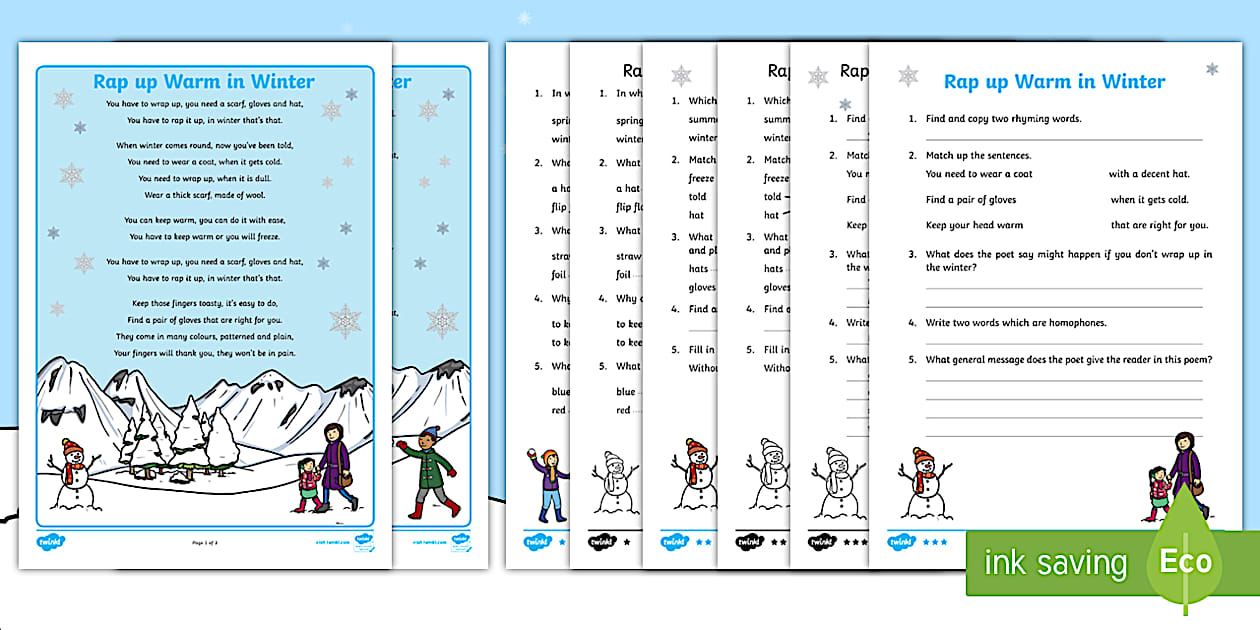 Winter poem comprehension | Worksheets | Easy to print