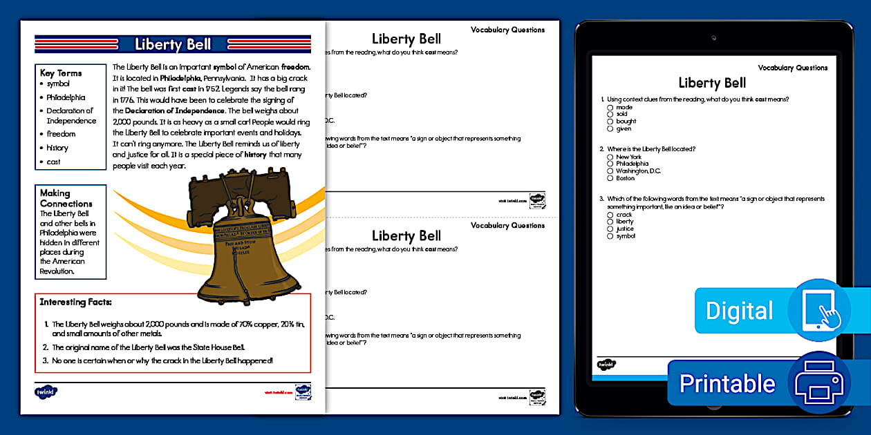 Second Grade Liberty Bell Fact File and Vocabulary Questions