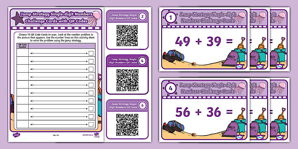 Jump Strategy Addition Two-digit Challenge Cards QR Codes