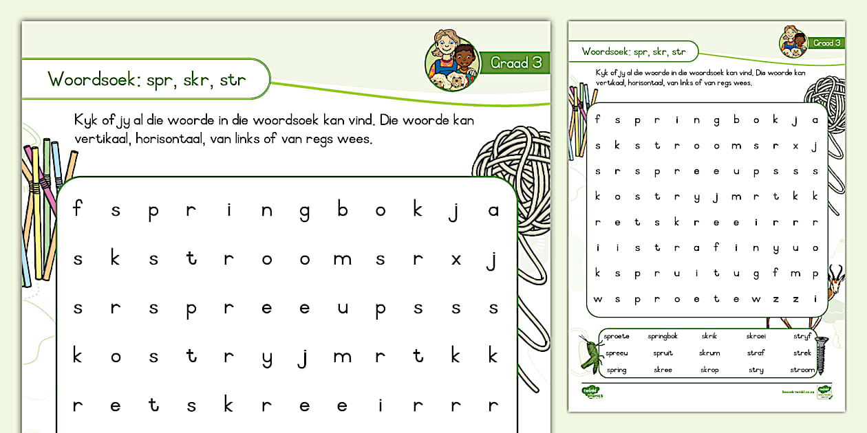 FREE! - Graad 3 Klanke spr-, skr-, str- Woordsoek - Twinkl