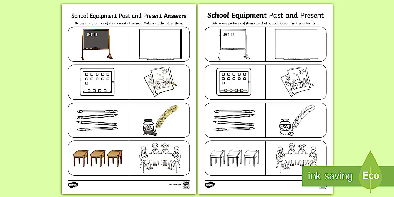 SA School Equipment Past and Present Worksheet - Twinkl