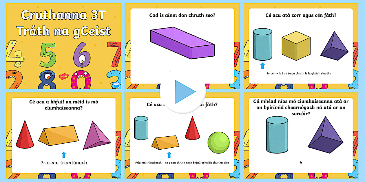 3D Shapes Warm Up and Revision PowerPoint Gaeilge - Twinkl