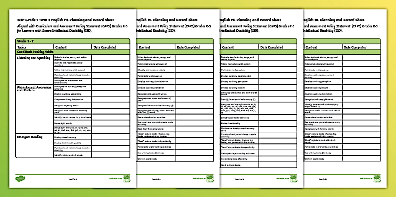 SID: Grade 1 Term 3 English HL Planning and Record Sheet