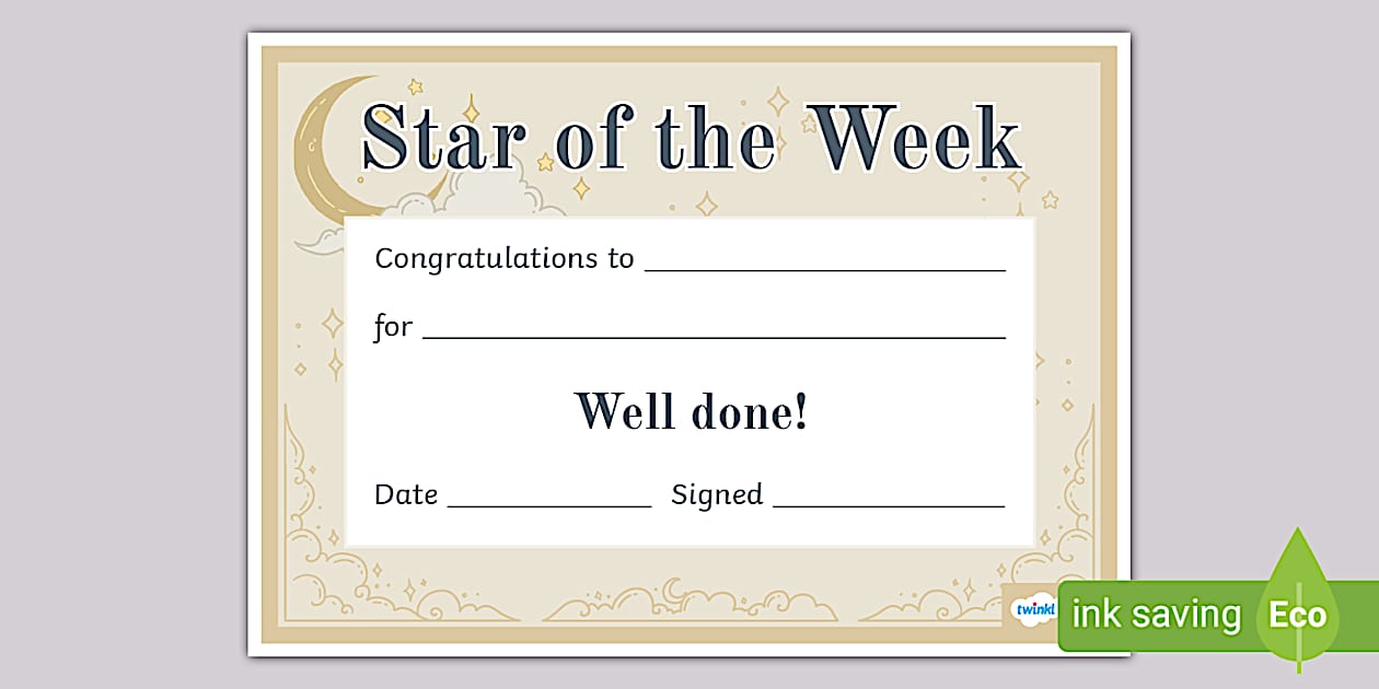 Celestial-Themed Star of the Week Certificate - Twinkl
