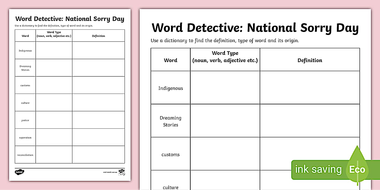 National Sorry Day Word Meanings Worksheet | Resources
