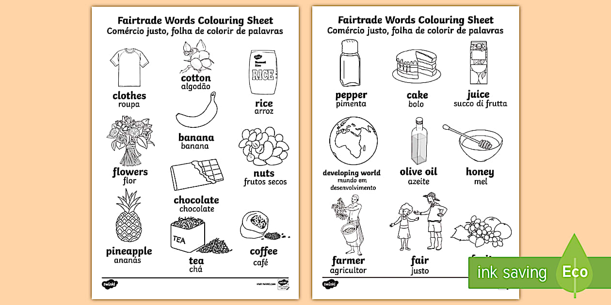 Fairtrade Words Colouring Sheet English/Portuguese - Fairtrade Words ...