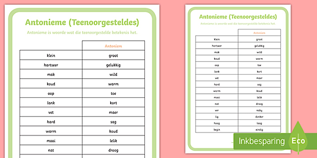 Lieflike Lys van Antonieme in Afrikaans Plakkaat - Twinkl