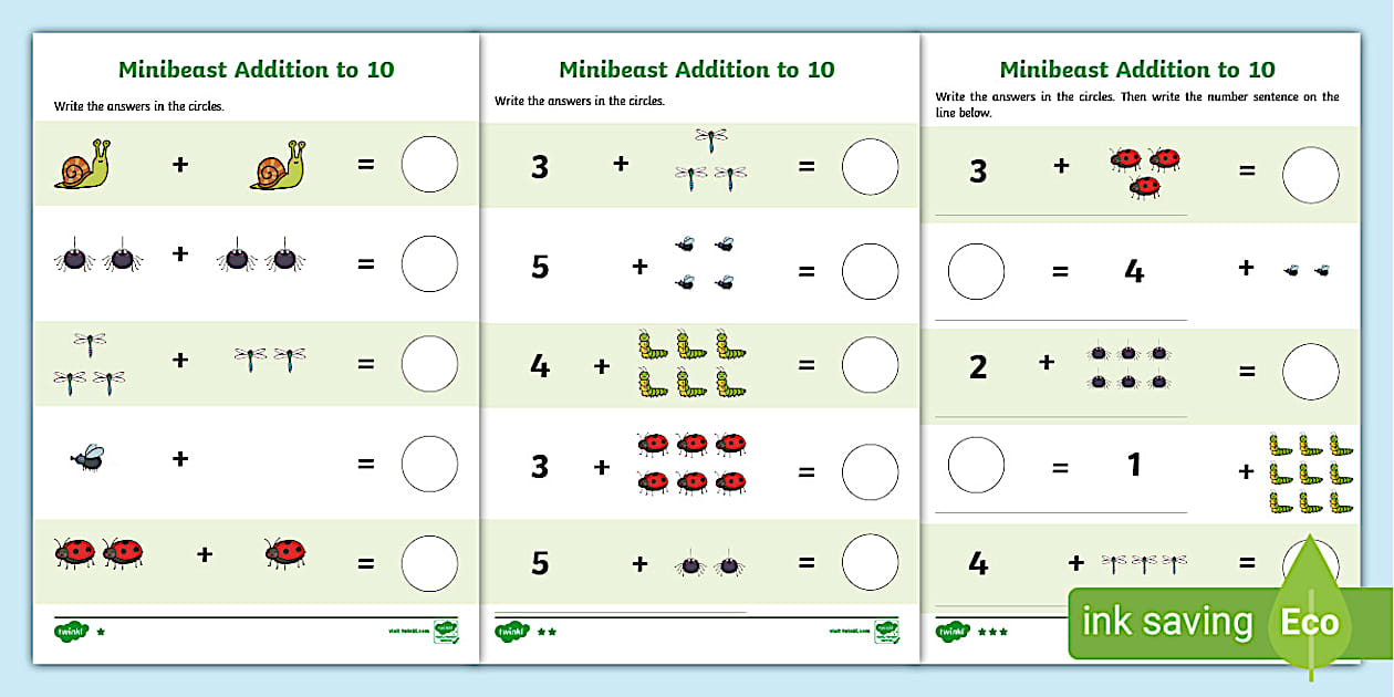 Minibeast Themed Addition With Pictures Differentiated Worksheets