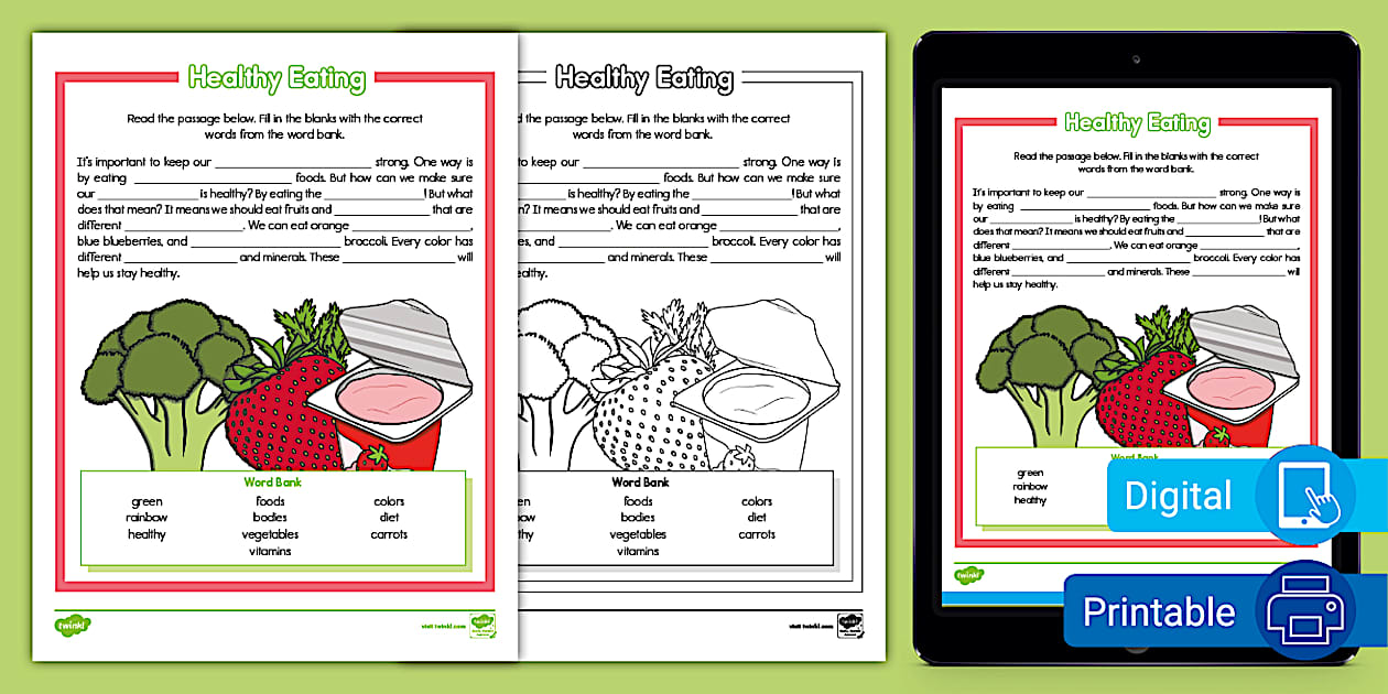 Healthy Eating Cloze Reading Worksheet for ELL - Twinkl