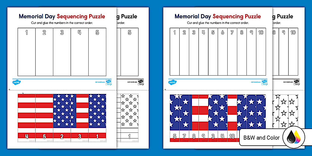 Memorial Day Flag Number Sequencing Puzzles 1-5 and 1-10