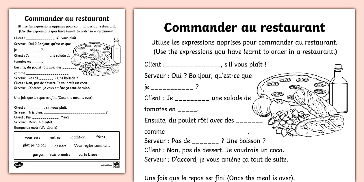 French Reading Practice Commander au restaurant Worksheet