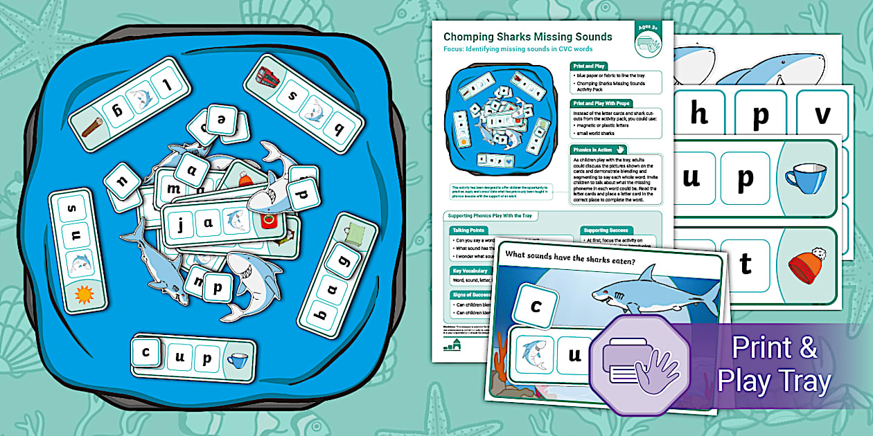 Chomping Sharks Missing Sounds Print and Play Tray | Twinkl