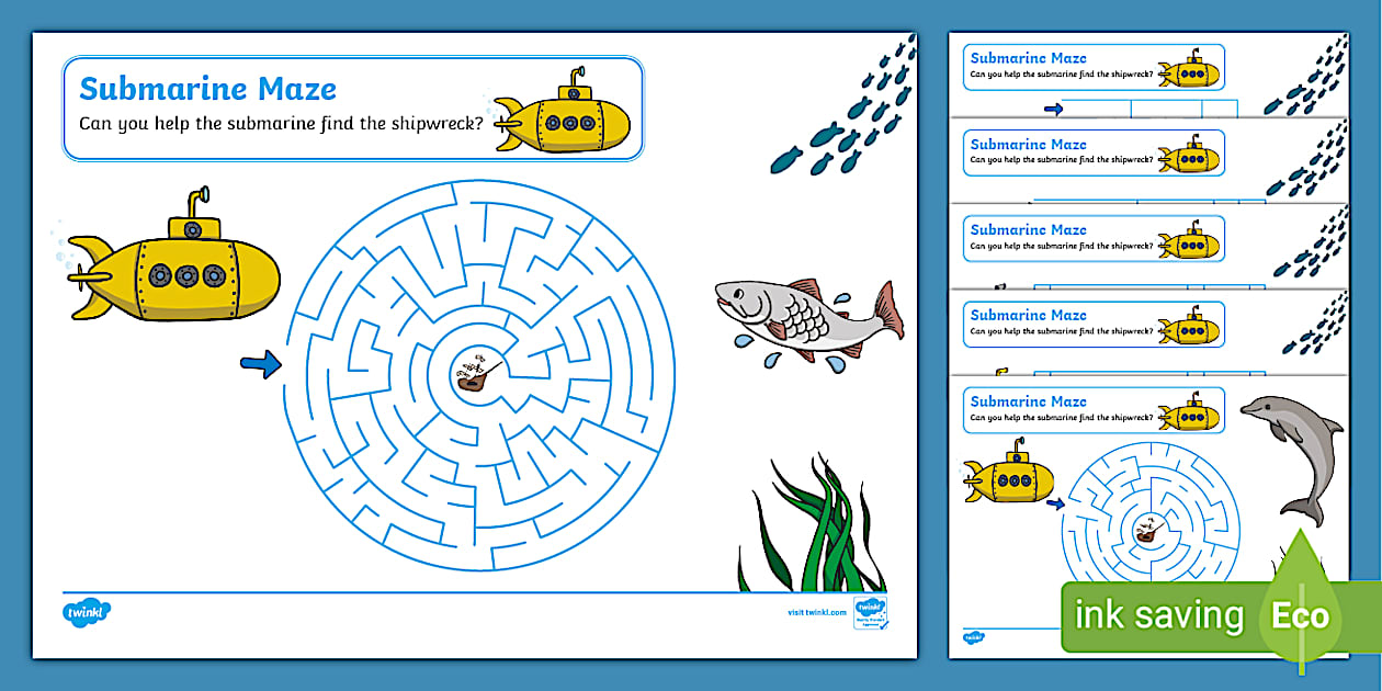 Submarine Maze Activity Worksheets for Kids: Free Download!
