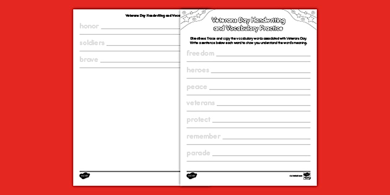 Veterans Day Handwriting and Vocabulary Practice Activity for K-2nd Grade
