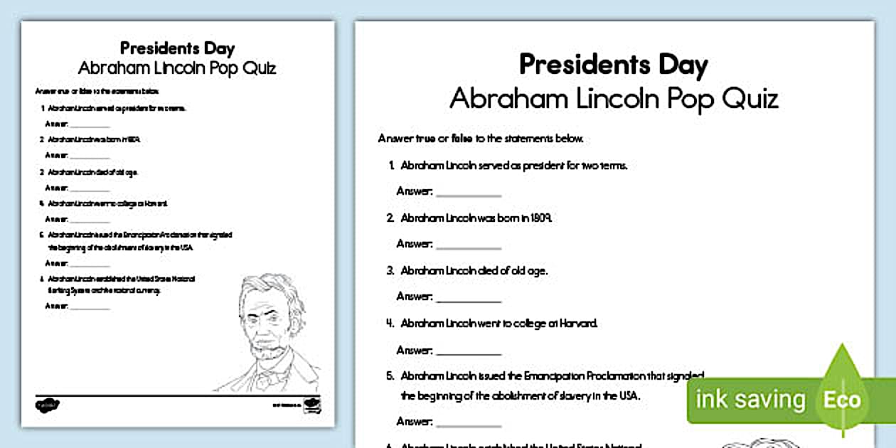 Presidents Day Abraham Lincoln Pop Quiz for 3rd-5th Grade