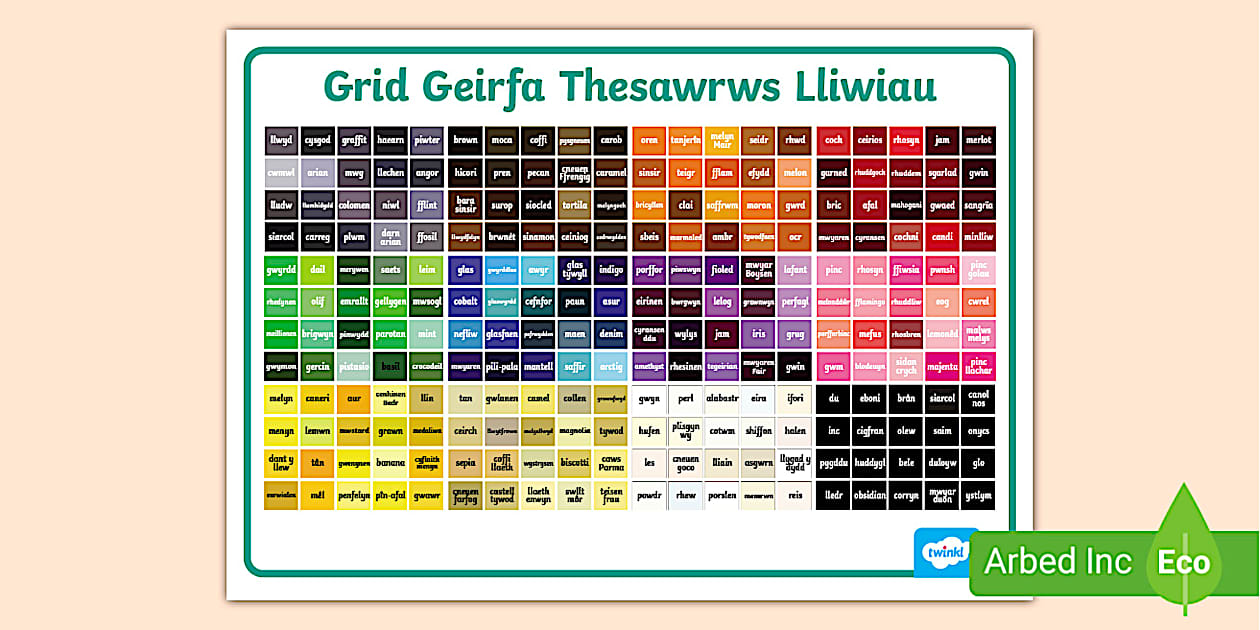 Mat Grid Geirfa Thesawrws Lliwiau (Teacher-Made) - Twinkl