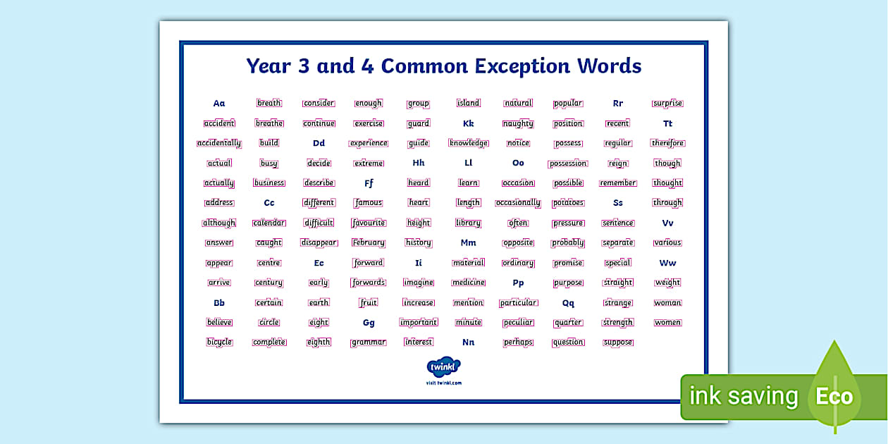 Editable Year 3 and 4 Common Exception Words with Outline Word Mat