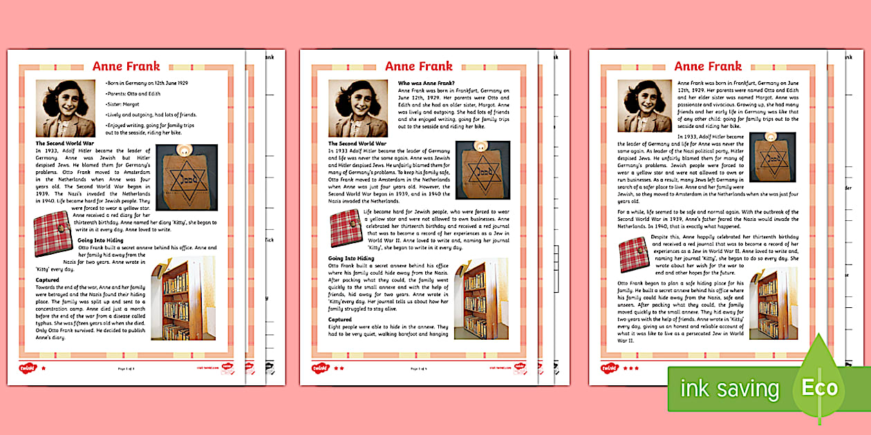 Higher Ability Anne Frank Differentiated Reading Comprehension Activity