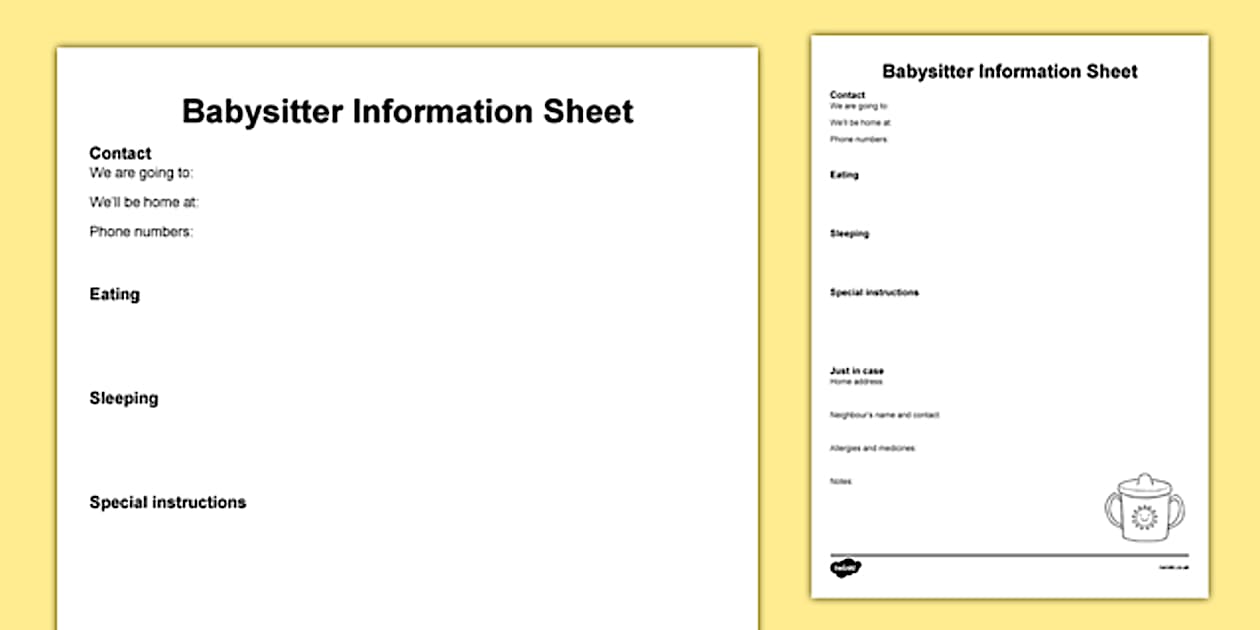 Editable Babysitter Information Sheet (teacher made)