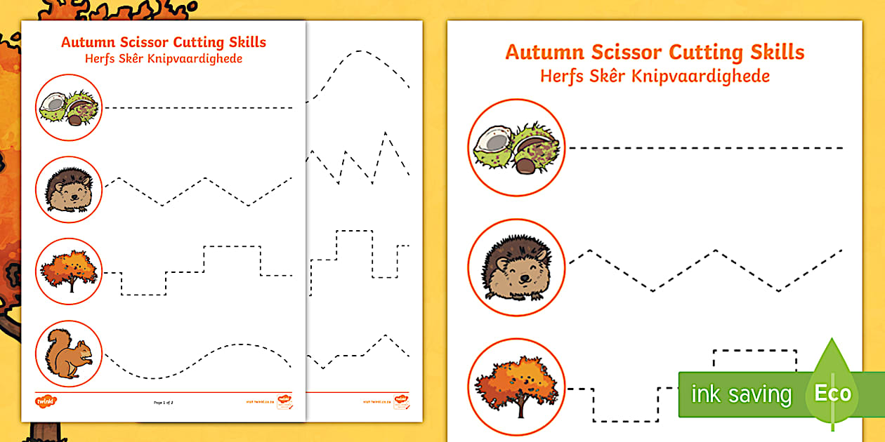 Black and White Autumn Themed Cutting Skills Worksheets English/Afrikaans