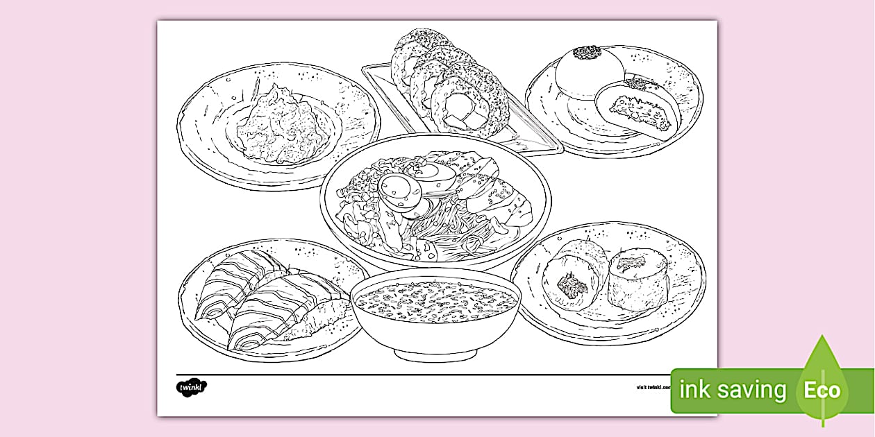 Japanese Food Colouring Page, Sushi, Noodles (teacher made)