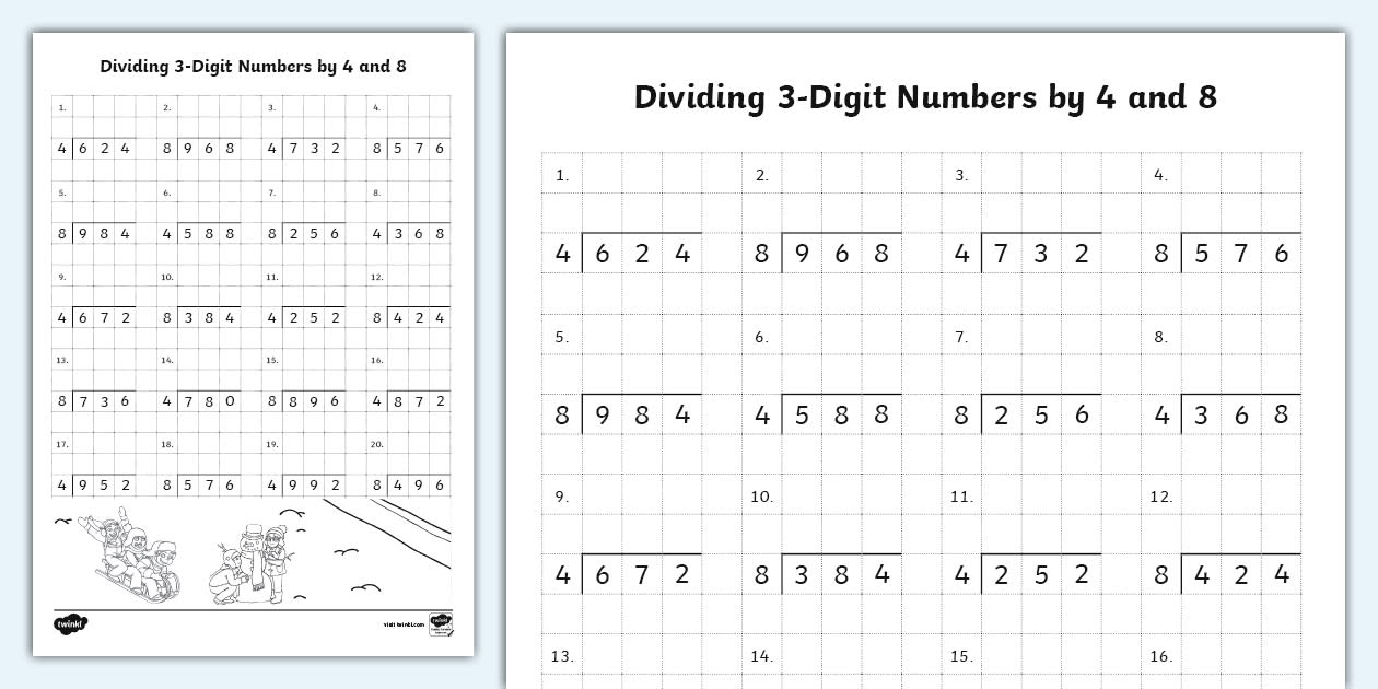 Winter-Themed Dividing 3-Digit Numbers by 4 and 8 on Squared Paper Activity