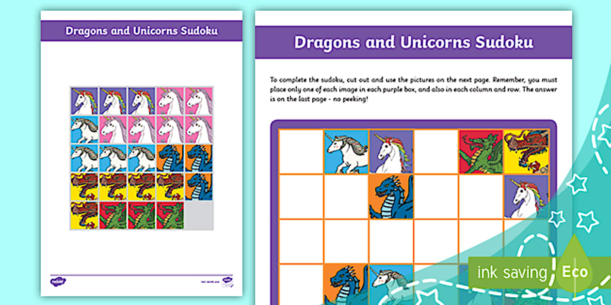 Dragons and Unicorns Sudoku Puzzle - Twinkl