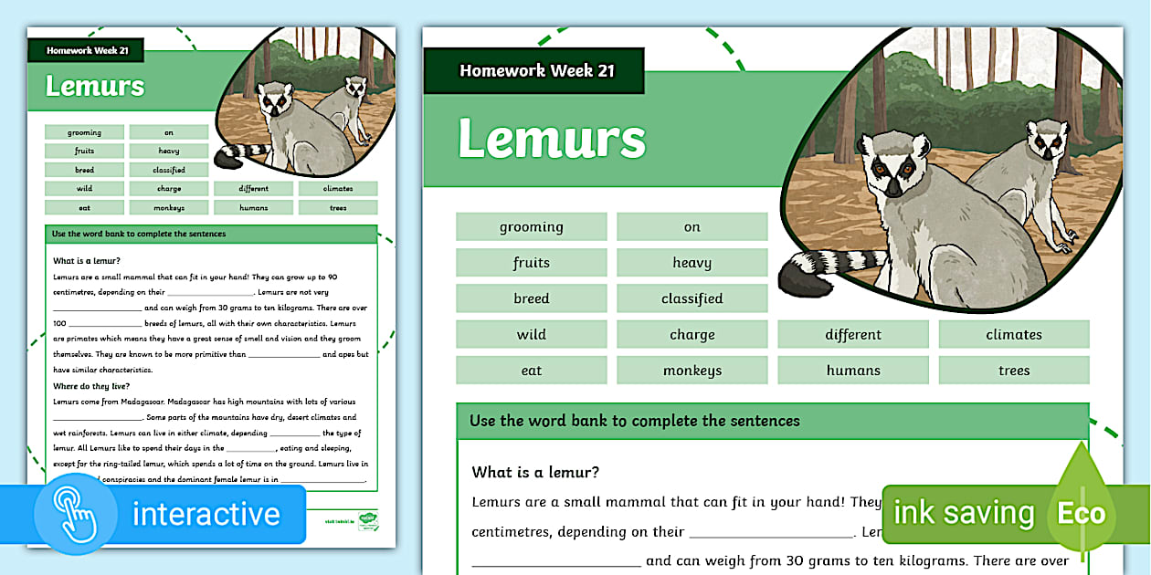 Cloze Procedure Homework Week 21 Lemurs 3rd/4th Class