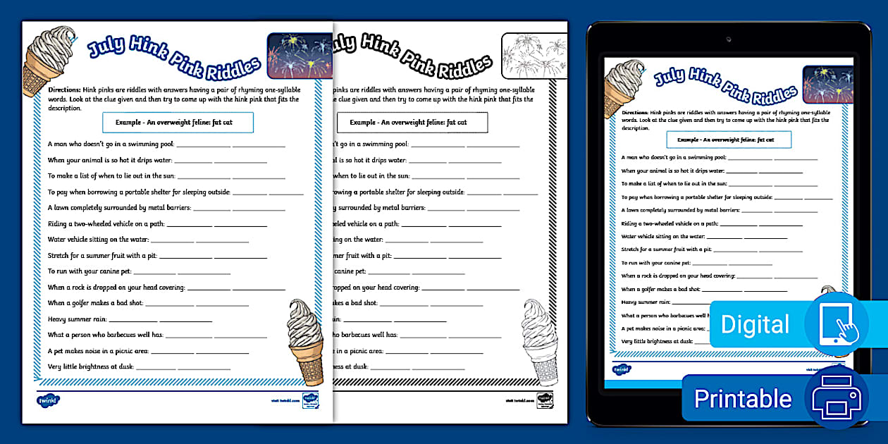 July Hink Pink Riddles Worksheet for 6th-8th Grade - Twinkl