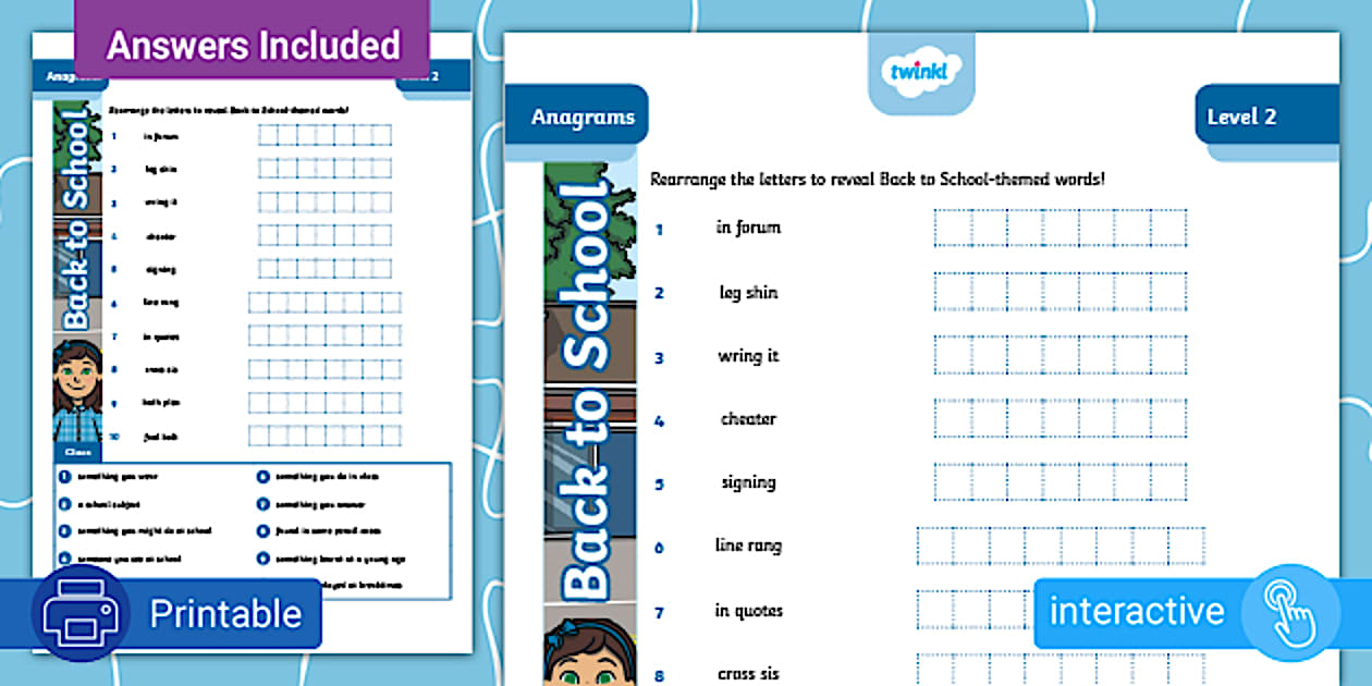 Back to School Anagrams - Level 2 - Twinkl - Kids Puzzles