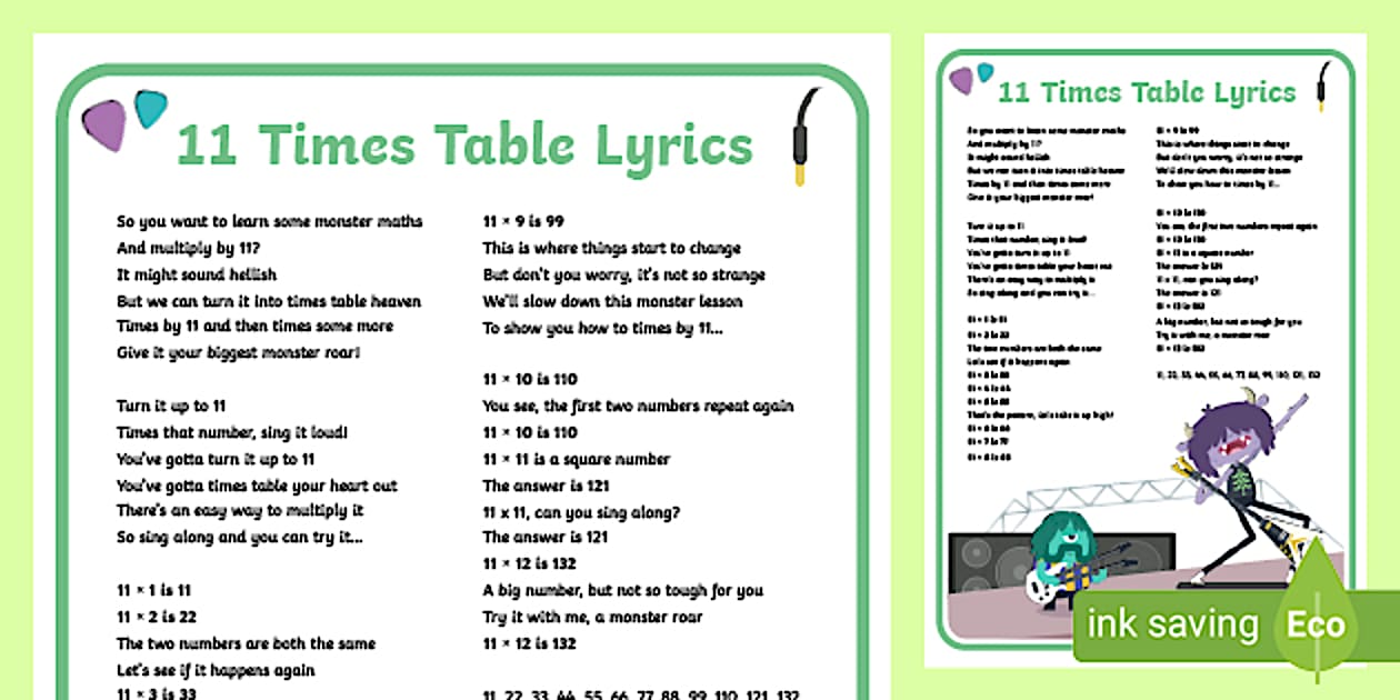 👉 11 Times Tables Song Lyrics Poster | Twinkl Go!