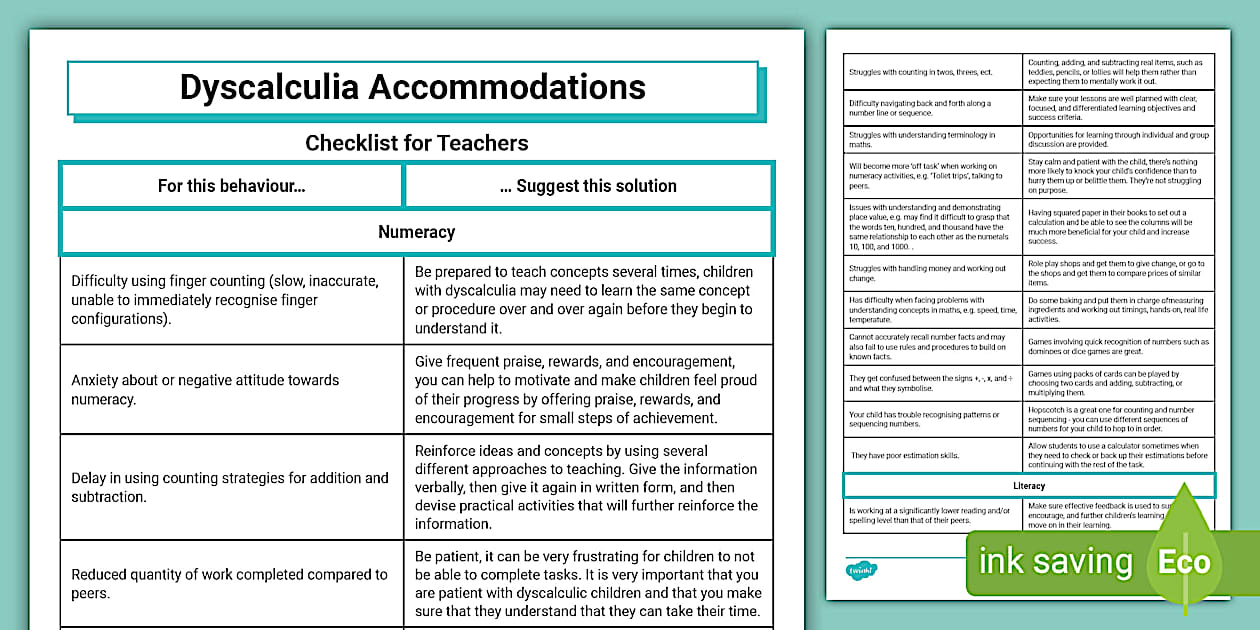 Dyscalculia Accommodations Checklist for Teachers - Twinkl
